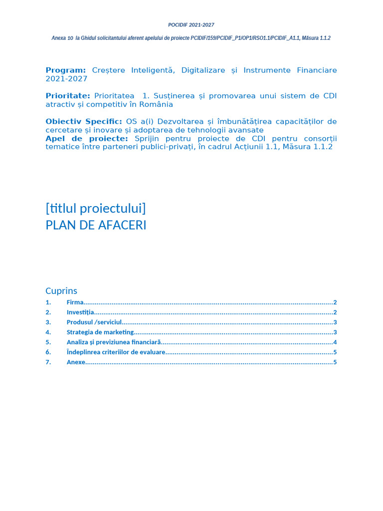 Anexa 10 - Model de Plan de Afaceri | PDF