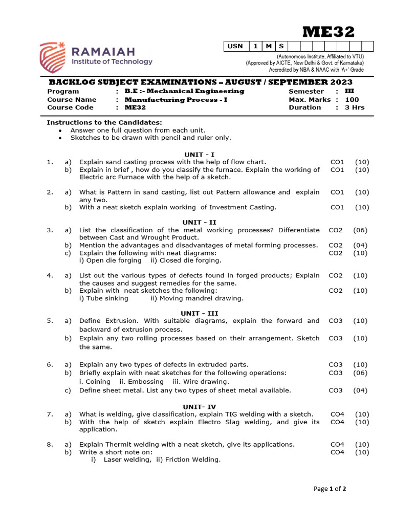Ms Ramaiah question paper b Mech Me32 Backlog | PDF