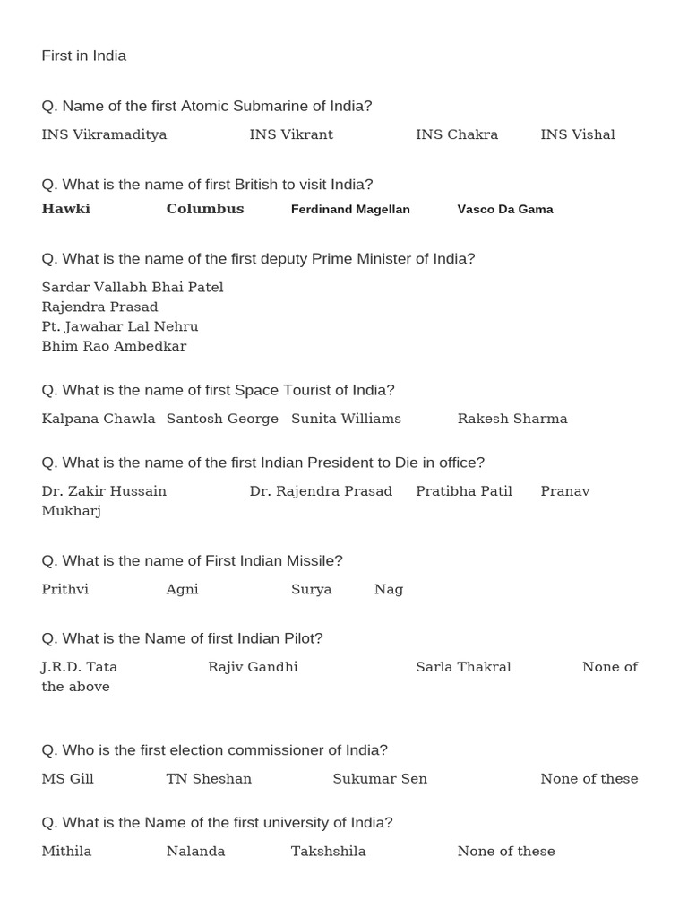 First in India: GK Questions & Answers | PDF