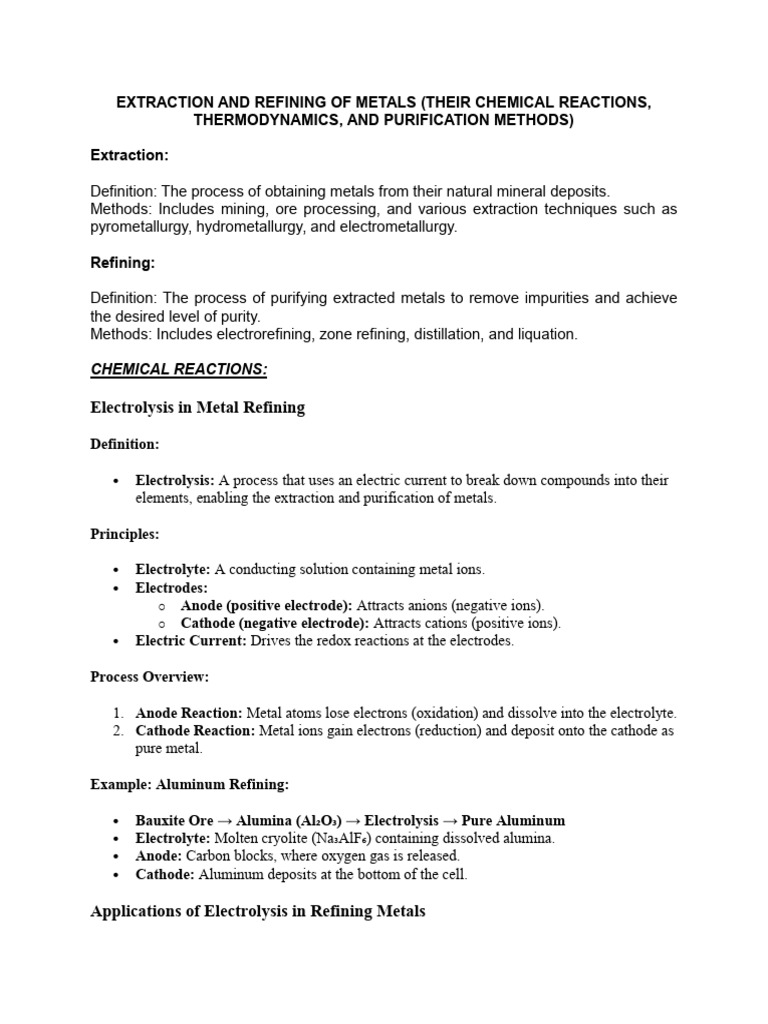 Extraction and Refining of Metals CHEM REC. PURIFI. METHODS | PDF
