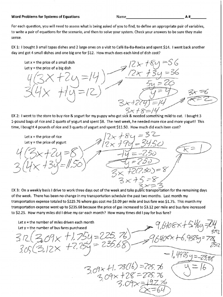 Word Problems For Systems of Equations Solutions | PDF