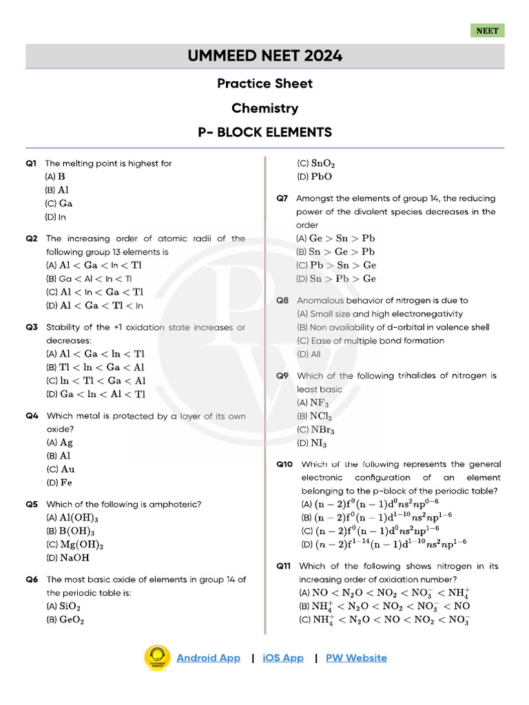 P - Block Elements - Practice Sheet - Ummeed NEET 2024 | PDF