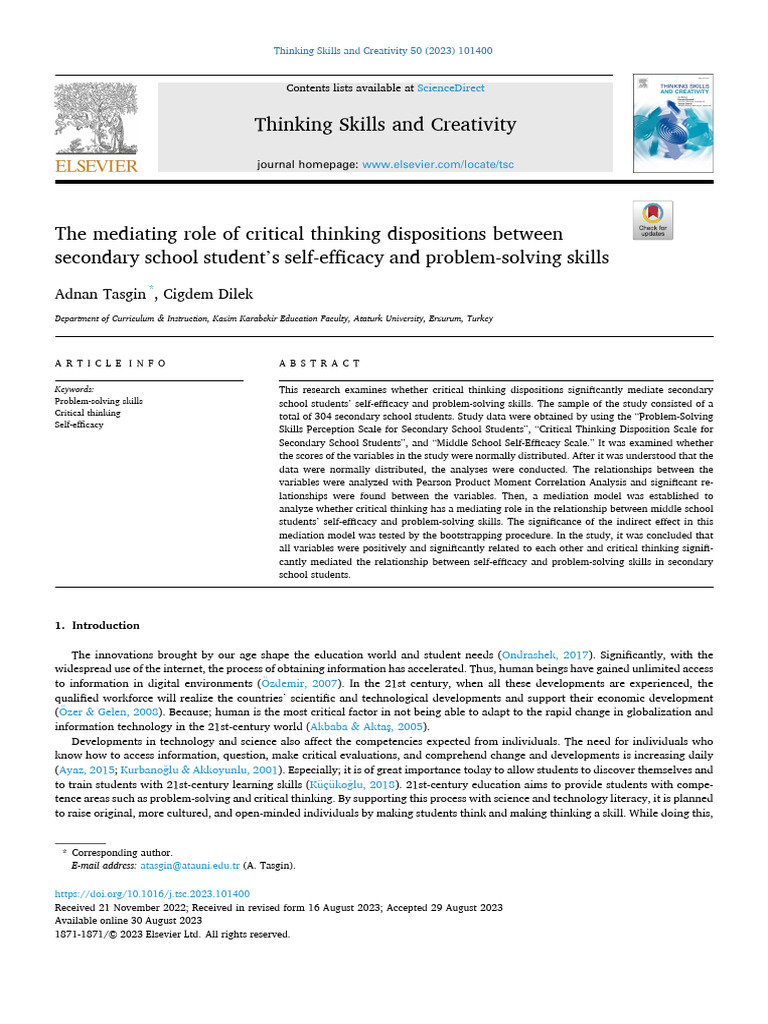 The Mediating Role of Critical Thinking Dispositions Between Secondary ...