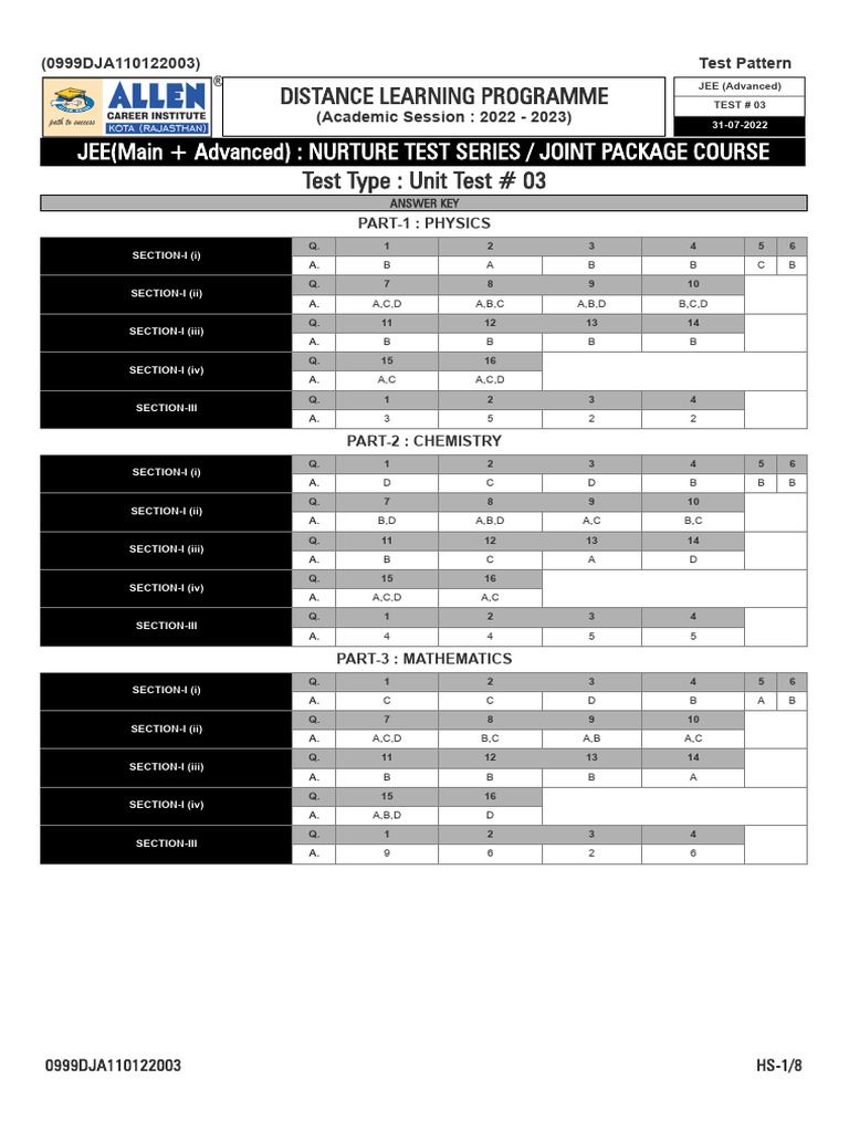 Jee (M+a) NTS Unit Test TN-03 (31-07-2022) Adv HS | PDF