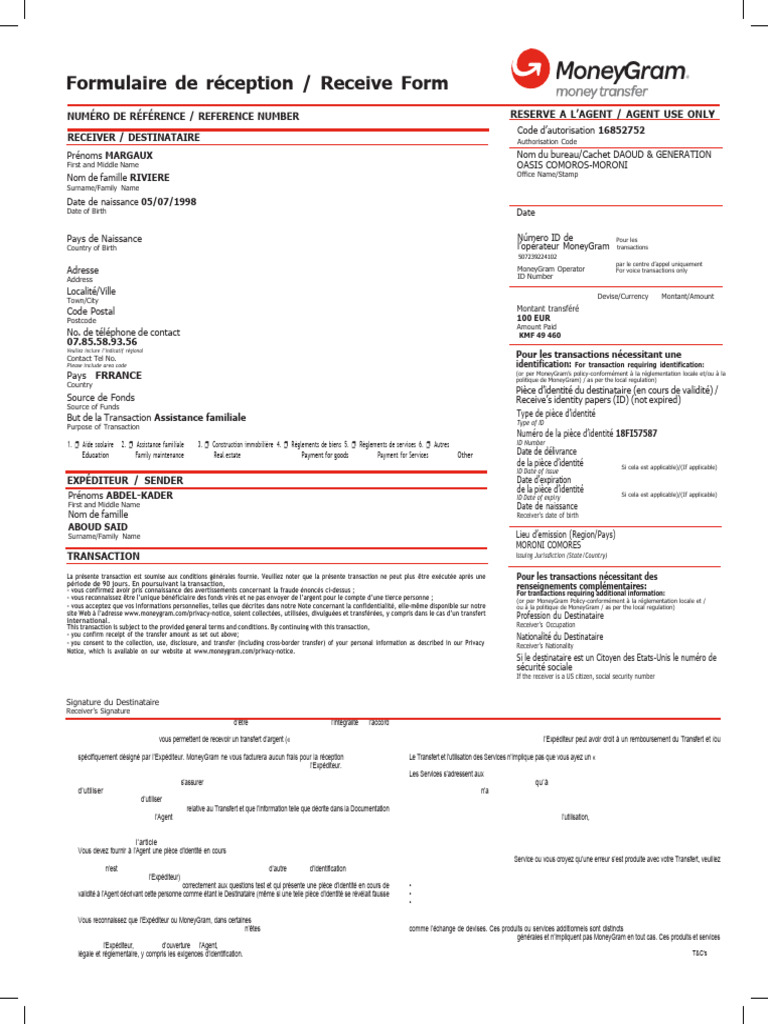 Formulaire de Réception / Receive Form | PDF