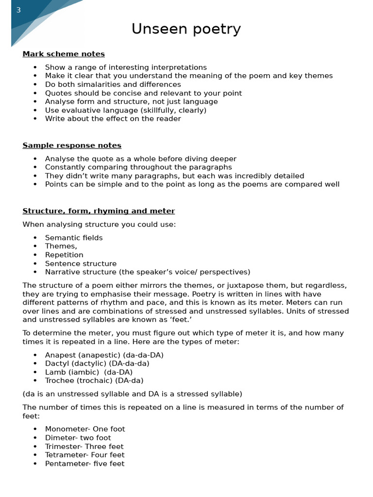 Unseen Poetry Notes - GCSE Edexcel | PDF | Poetry | Metre (Poetry)