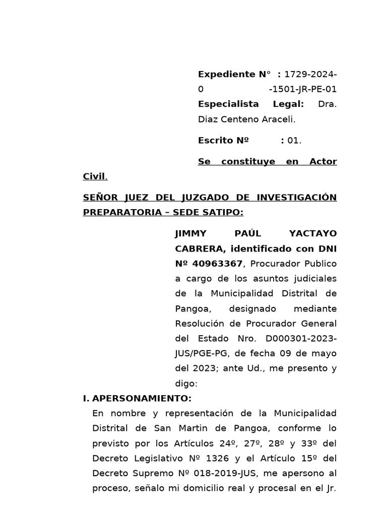 Me Constituyo en Actor Civil Exp 1729 2024 | PDF