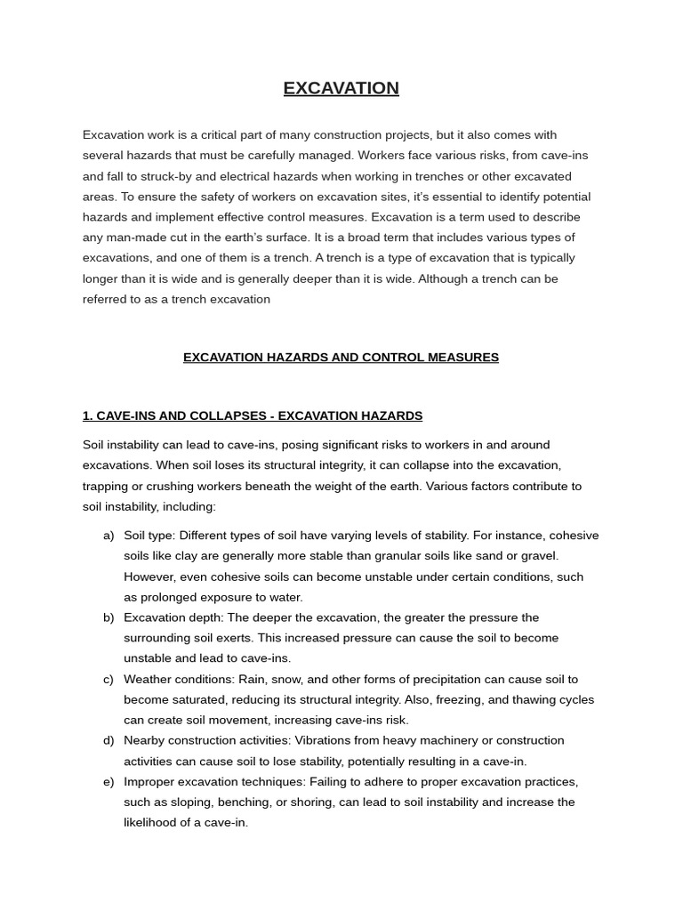 Excavation Hazards and Control Measures | PDF