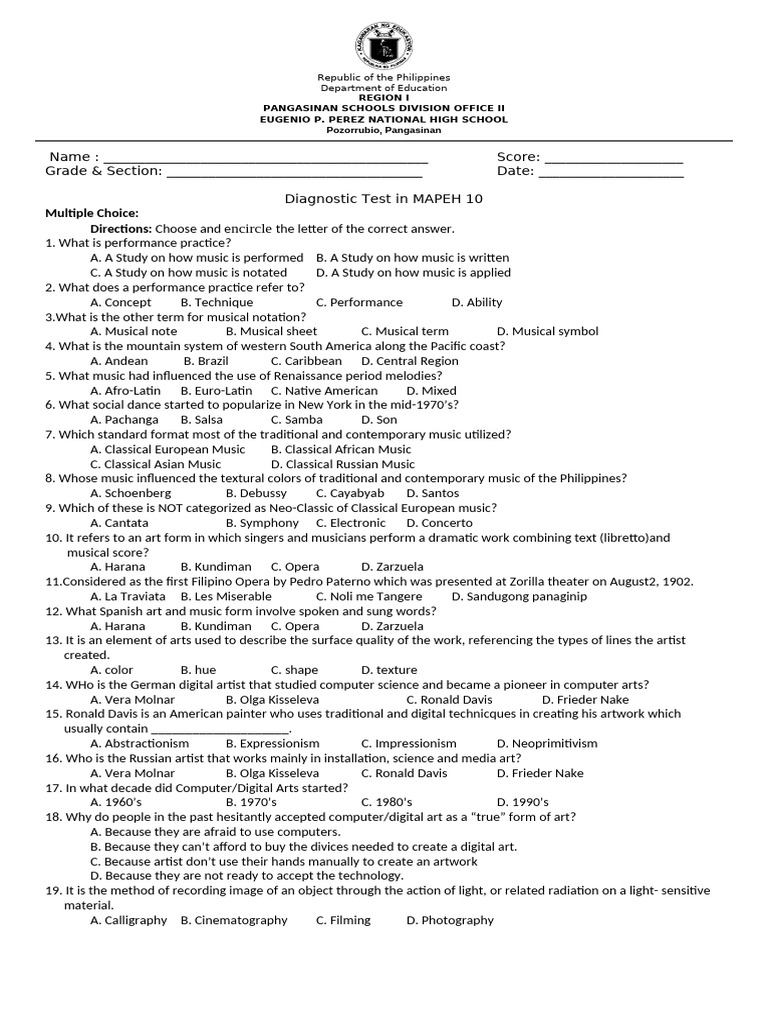 diagnostic-test-MAPEH | PDF
