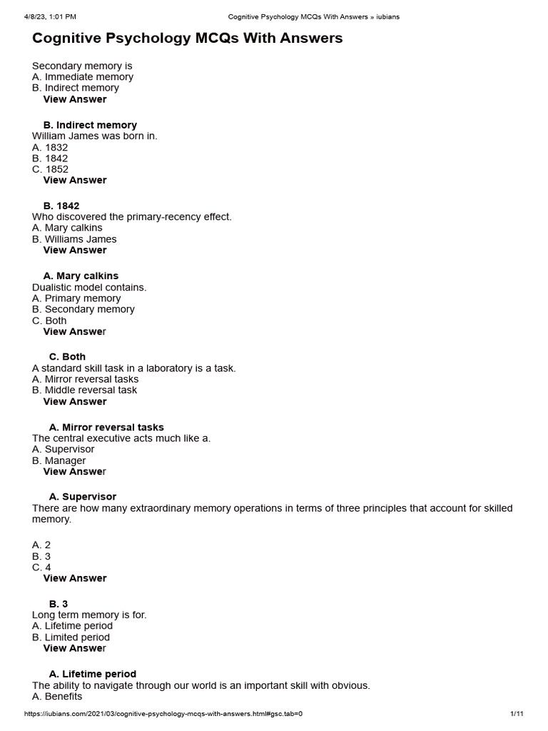 Cognitive Psychology MCQs With Answers Iubians | PDF