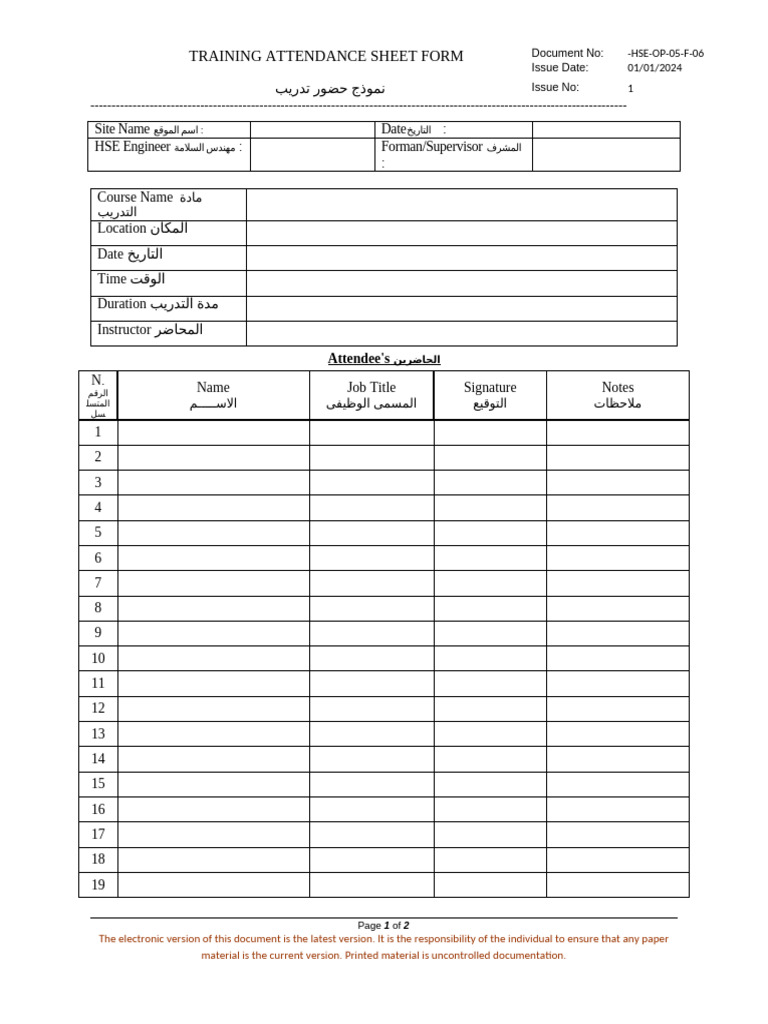 006 Training Att. Sheet | PDF