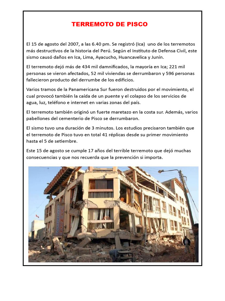 Comprensión Lectora - Terremoto 2007 (12-08-24) | PDF