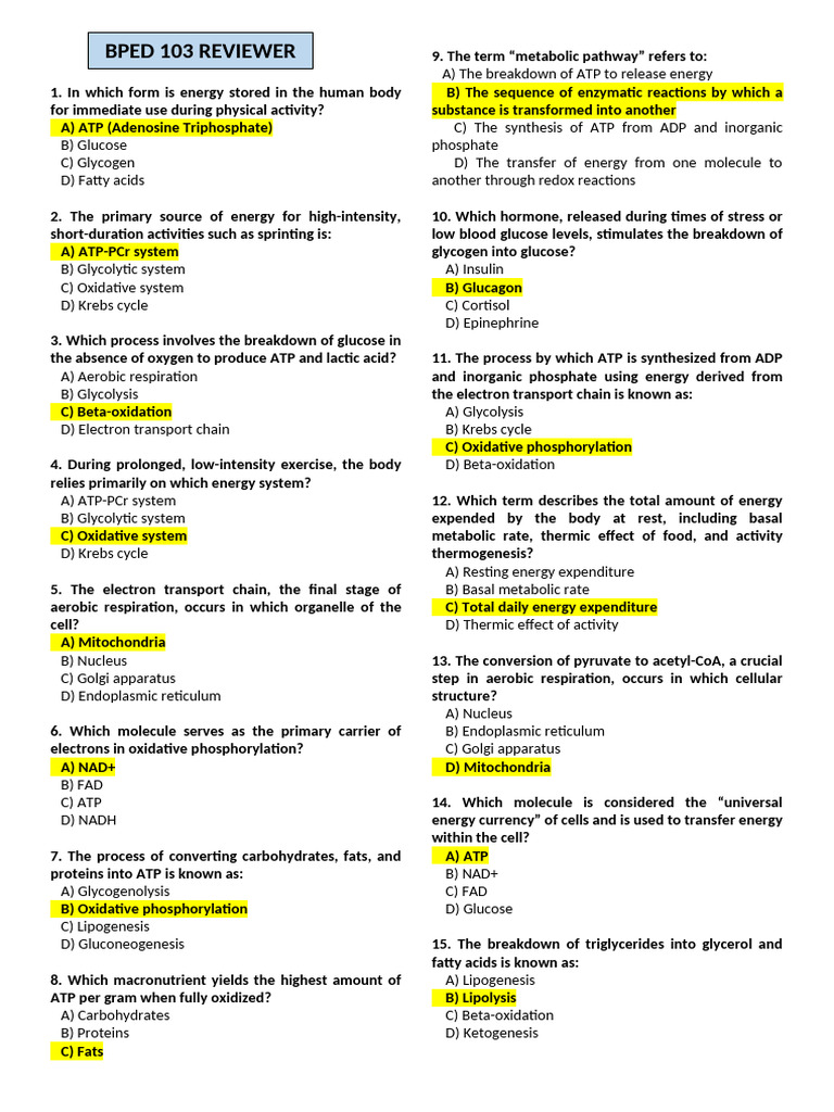 BPED 103 - Physiology of Exercise and Physical Activity 1 - REVIEWER | PDF