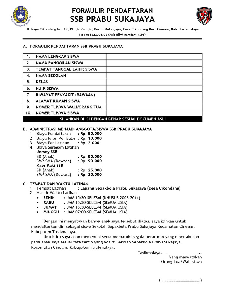 Formulir Pendaftaran Siswa SSB Prabu | PDF