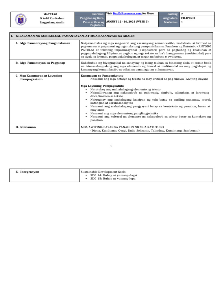 DLL Matatag - Filipino 7 Q1 W3 | PDF DLL Matatag - Filipino 7 Q1 W3 | PDF