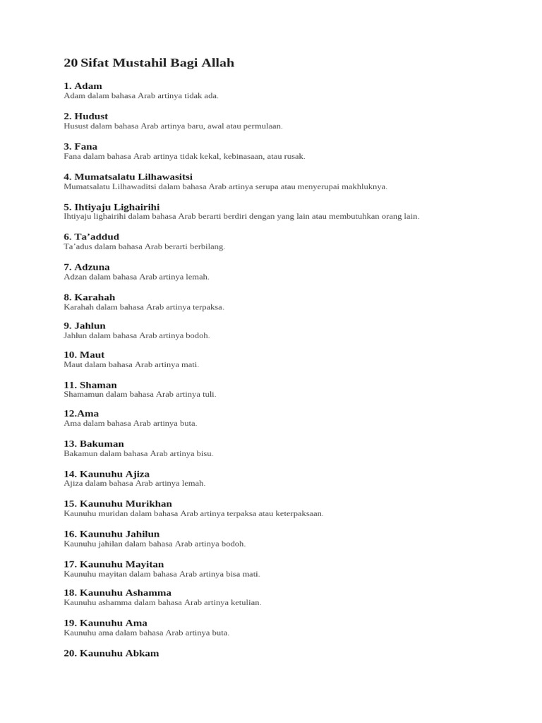 20 Sifat Mustahil Bagi Allah 1 | PDF