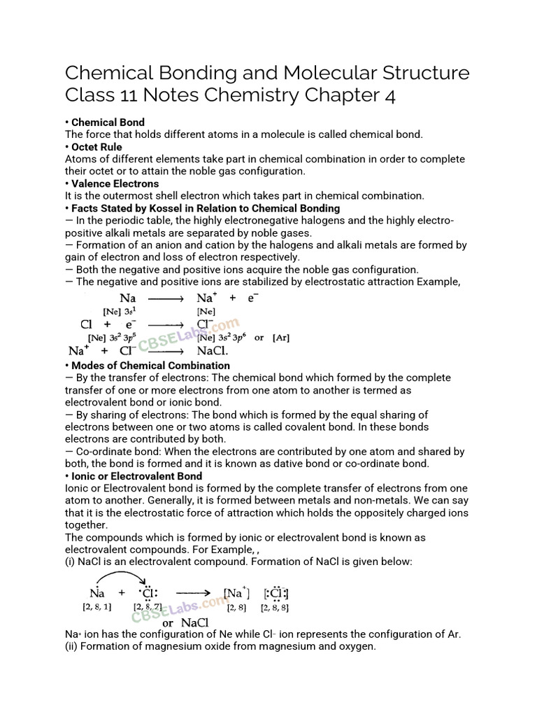 Chemical Bonding and Molecular Structure Class 11 Notes Chemistry ...
