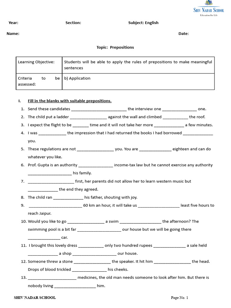 Grade 8 Prepositions Mixed Worksheet 2 | PDF
