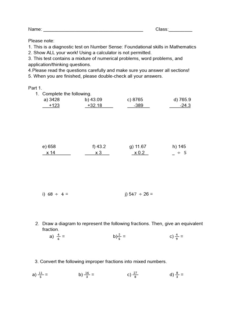 Unit 1: Number Sense - Diagnostic Test Grade 6 | PDF