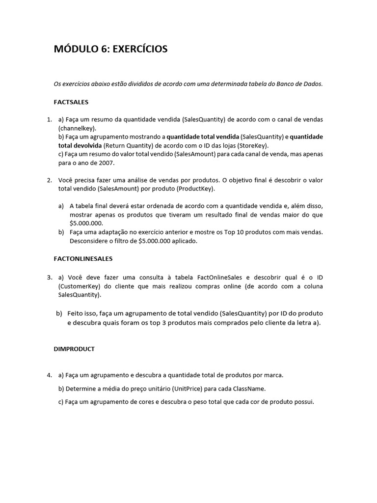 Módulo 6 - Lista de Exercícios | PDF