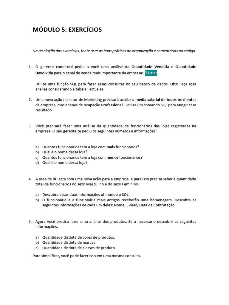 Módulo 5 - Lista de Exercícios | PDF