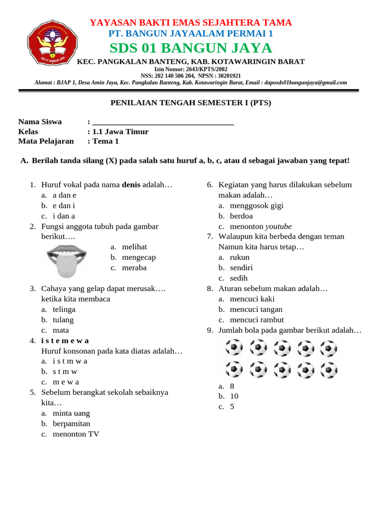 Soal PTS 1 Tema 1 Kelas 1 SD | PDF