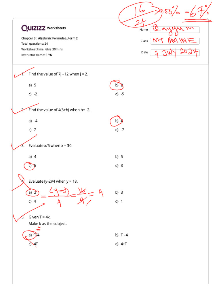 Chapter 3 - Algebraic Formulae - Form 2 - Quizizz | PDF