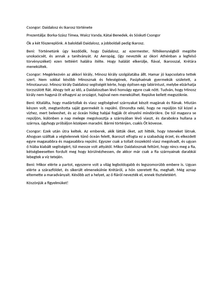 Saidalosz És Ikarosz Története - Word | PDF