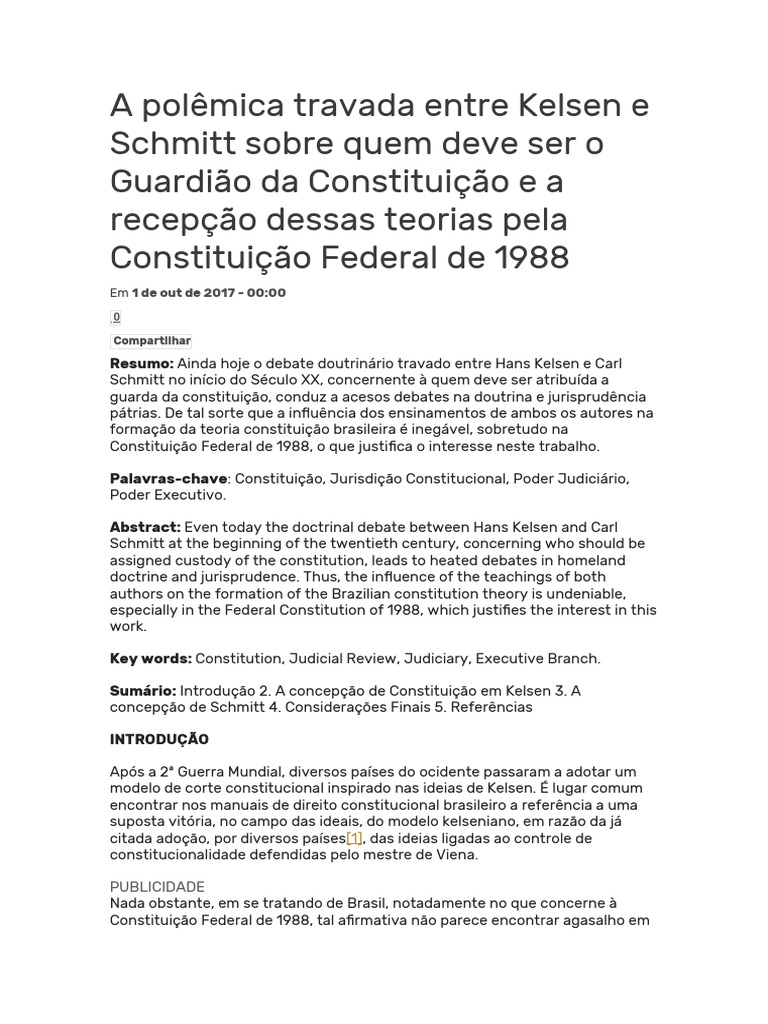 A Polêmica Travada Entre Kelsen e Schmitt Sobre Quem Deve Ser o ...