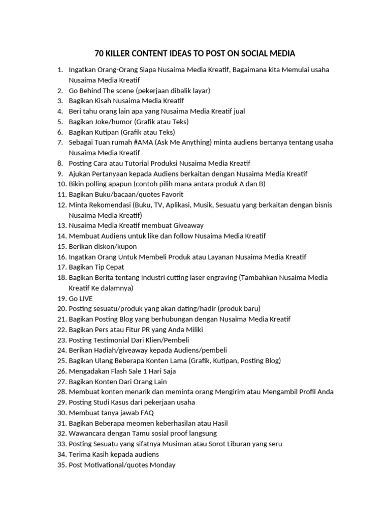70 KILLER CONTENT IDEAS TO POST ON SOCIAL MEDIA | PDF