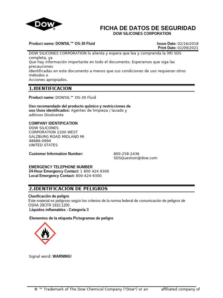 DOWSIL OS-30 - Hoja de Seguridad - Spanish | PDF | Química