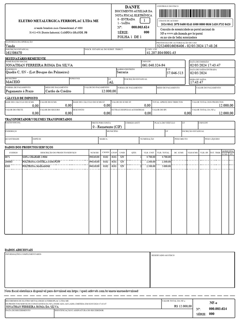 Danfe 000000003614 | PDF