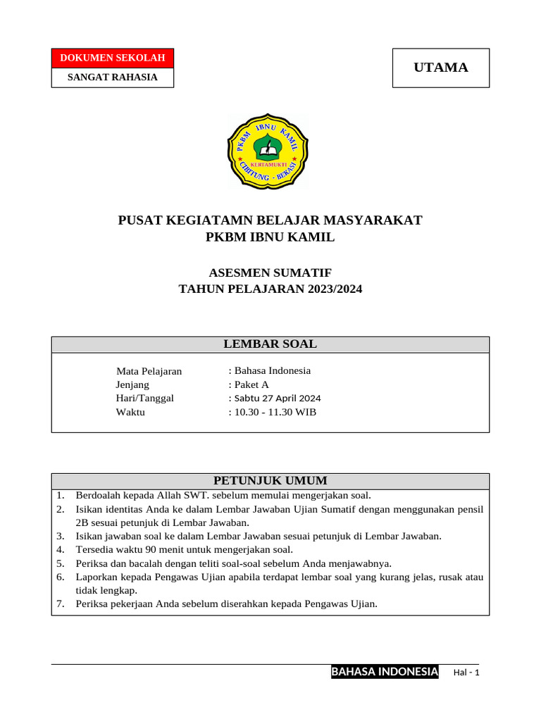 Soal Bhs Indonesia Paket A 2024 | PDF