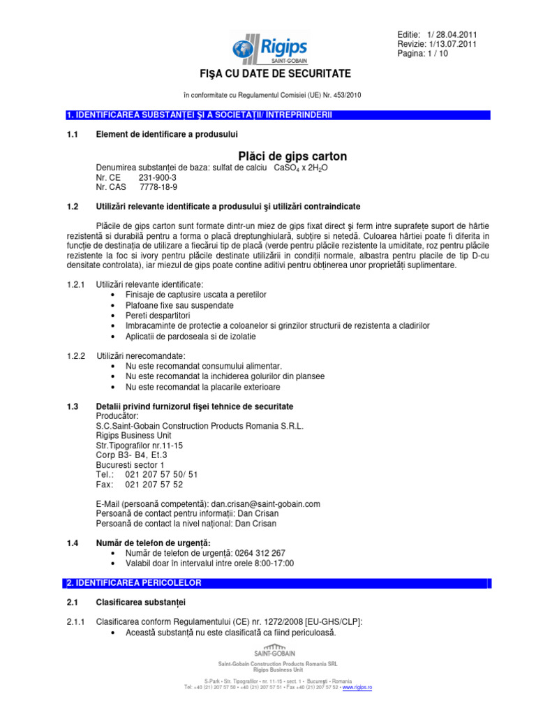Fisa Tehnica de Securitate Placa Gips-Carton - 0 | PDF