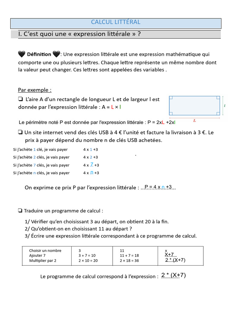 Calcul Littéral Cours (Complété) | PDF