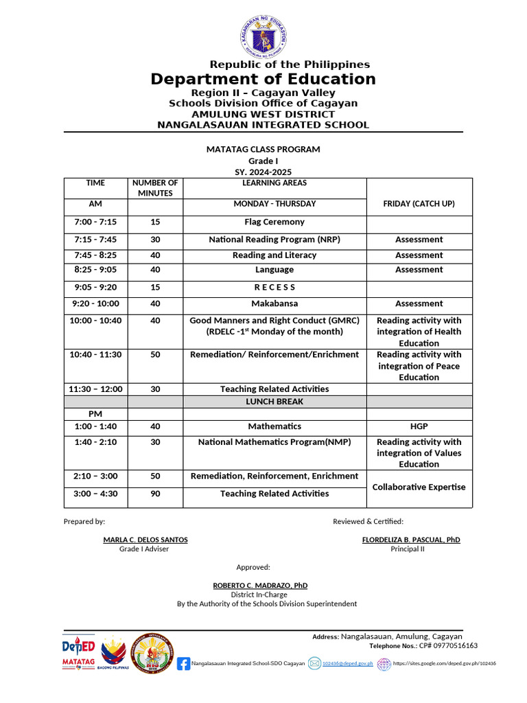 CHECKED Matatag Class Program GR.1 | PDF