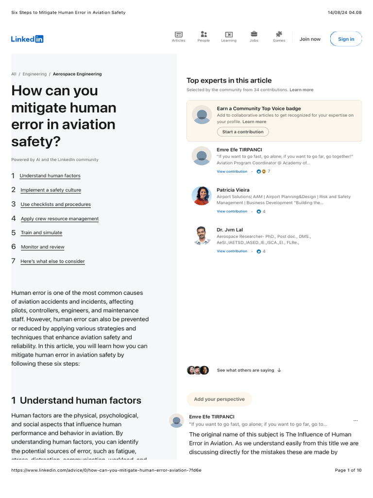 Six Steps To Mitigate Human Error in Aviation Safety | PDF | Human ...