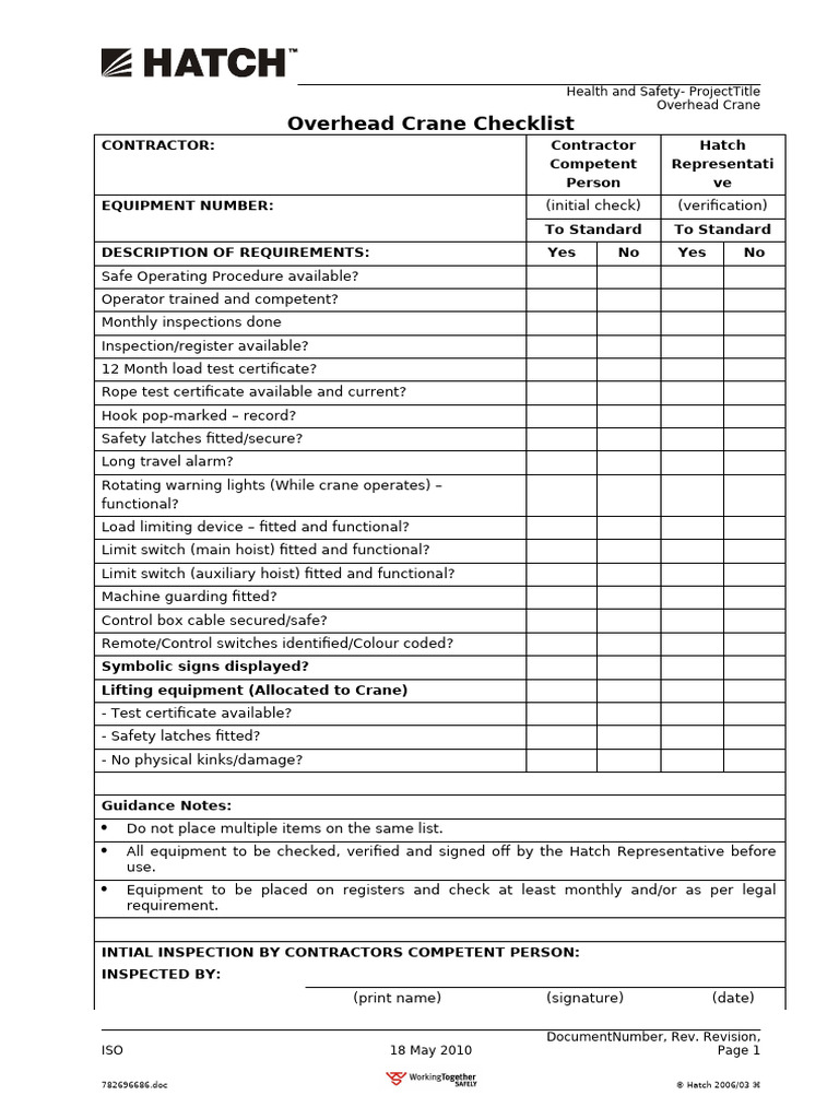 HS FG 017 F14 16 Overhead Crane Checklist | PDF