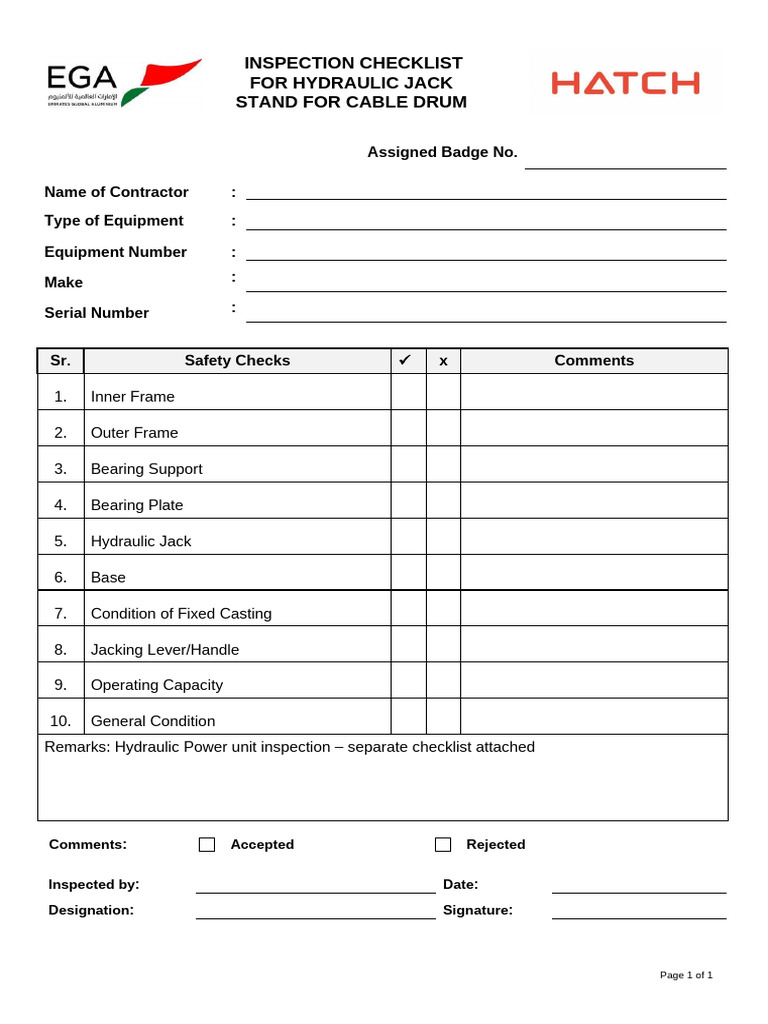 Inspection Checklist For Hydraulic Jack Stand - Cable Drum | PDF