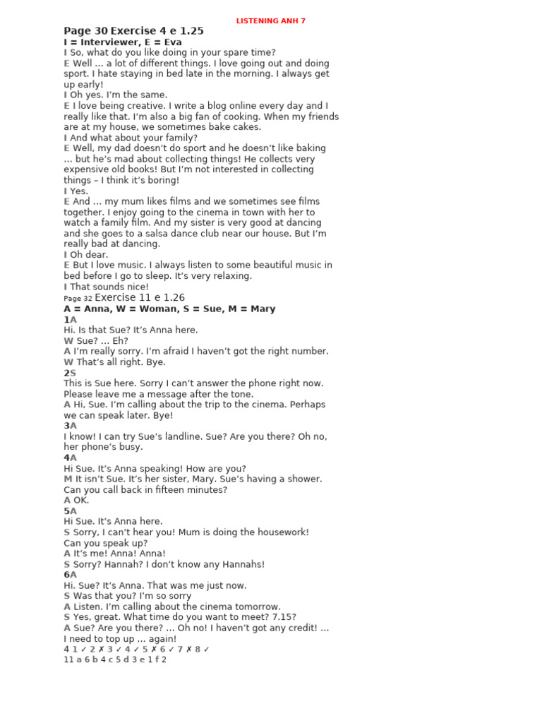 Listening Anh 7-Hk1 | PDF