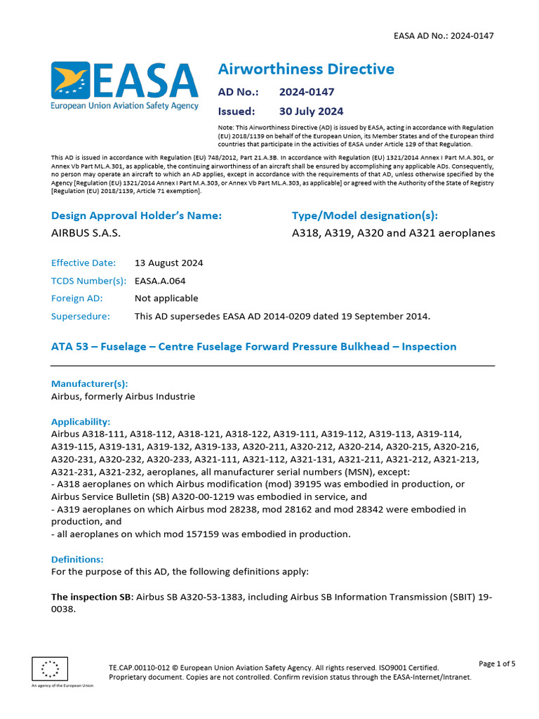 Easa Ad 2024-0147 1 | PDF