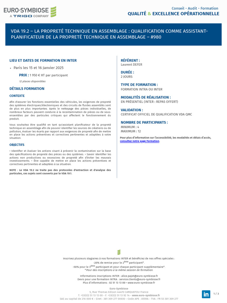 Vda 19.2 - La Propreté Technique en Assemblage: Qualification Comme Assistant-Planificateur de ...