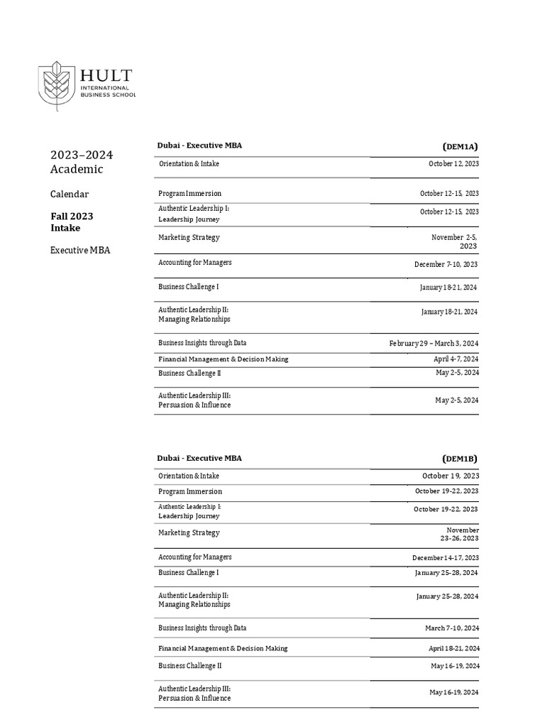 EMBA 2023-24 Academic Calendar Fall YR1 Intake | PDF