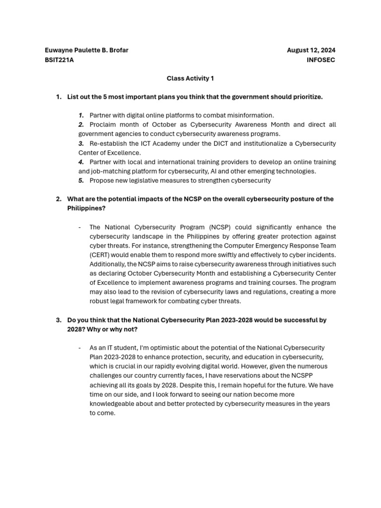 Brofar, Euwayne Paulette - INFOSEC (Class Activity 1) | PDF