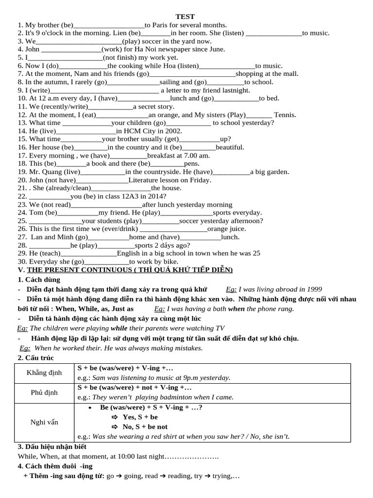 TEST HTĐ, HTTD, HTHT, QKĐ - NGỮ PHÁP QUÁ KHỨ TIẾP DIỄN | PDF