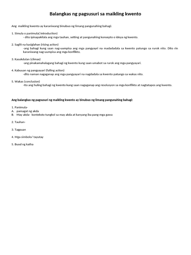 Balangkas NG Pagsusuri Sa Maikling Kwento | PDF