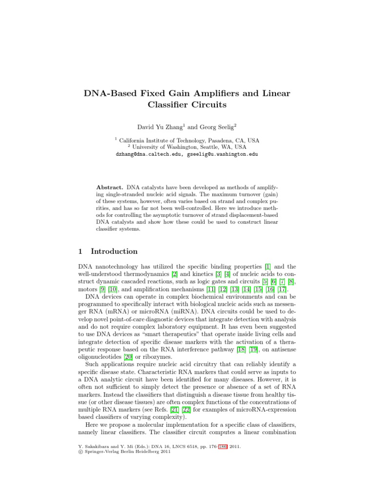 David Yu Zhang and Georg Seelig - DNA-Based Fixed Gain Amplifiers and Linear Classifier Circuits ...