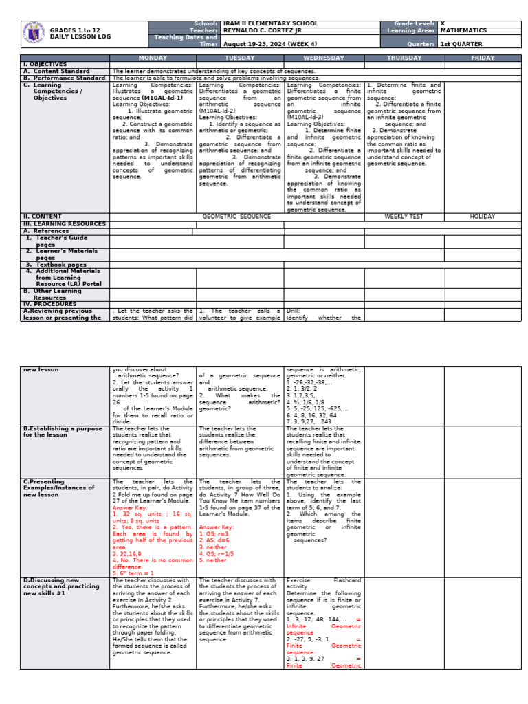 DLL Mathematics 10 | PDF