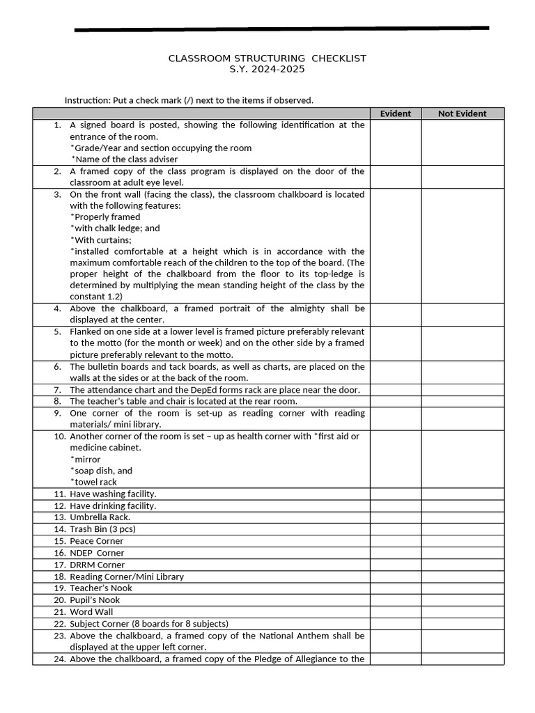 Classroom Structuring Checklist | PDF | Classroom | Art