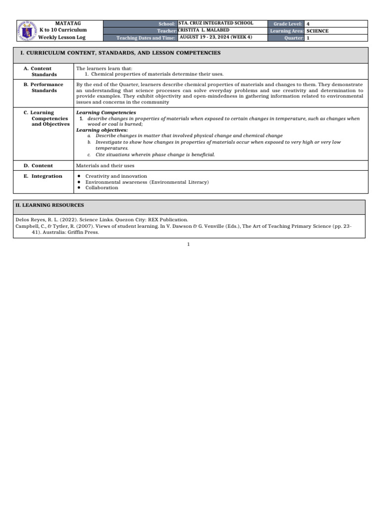 DLL Matatag - Science 4 Q1 W4 | PDF